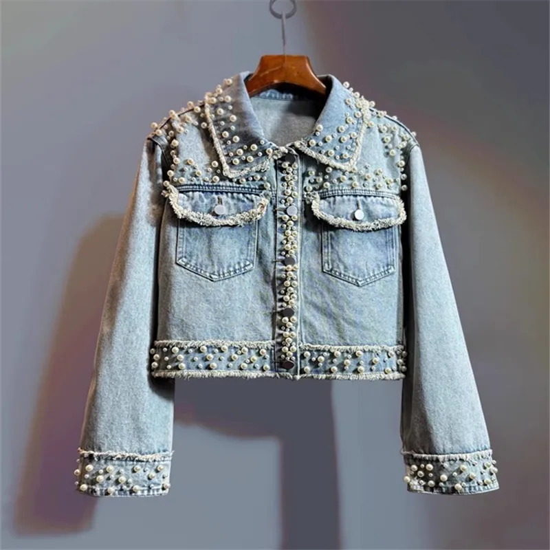 Autumn Women Vintage Light Blue Short Denim Jacket Pearl Beading Frayed ...