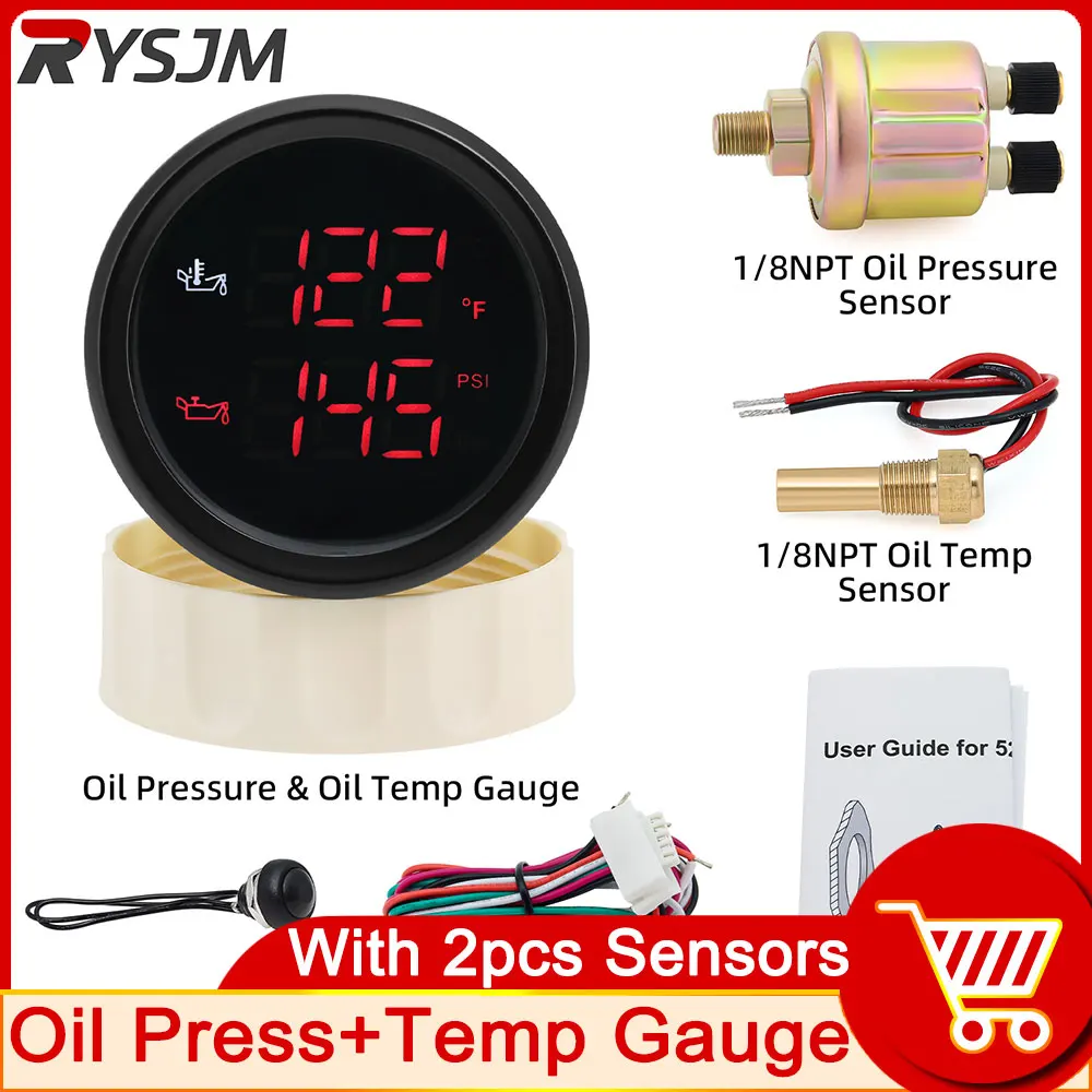 2 IN 1 Oil Pressure +Oil Temperature Gauge 52mm Gauge Red LED Digital ...