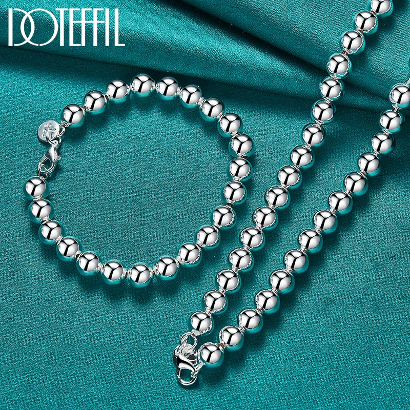 DOTEFFIL-2pcs-925-Sterling-Silver-8mm-Hollow-Smooth-Round-Beads-Necklace-Bracelets-Set-For-Women ...