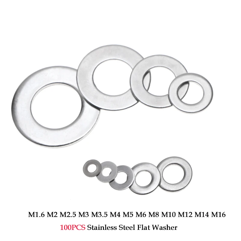 100pcs Flat Washers M1.6 M2 M2.5 M3 M3.5 M4 M5 M6 M8 M10 M12 M14 M16 Stainless Steel Washer ...