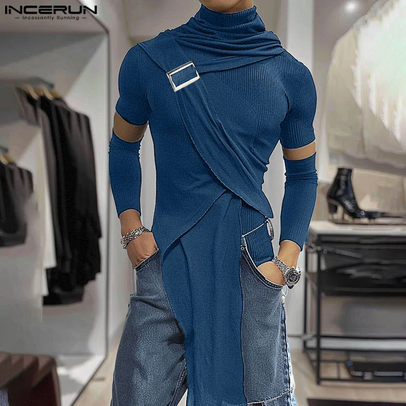 INCERUN Men Irregular T Shirt Solid Turtleneck Short Sleeve Gloves ...