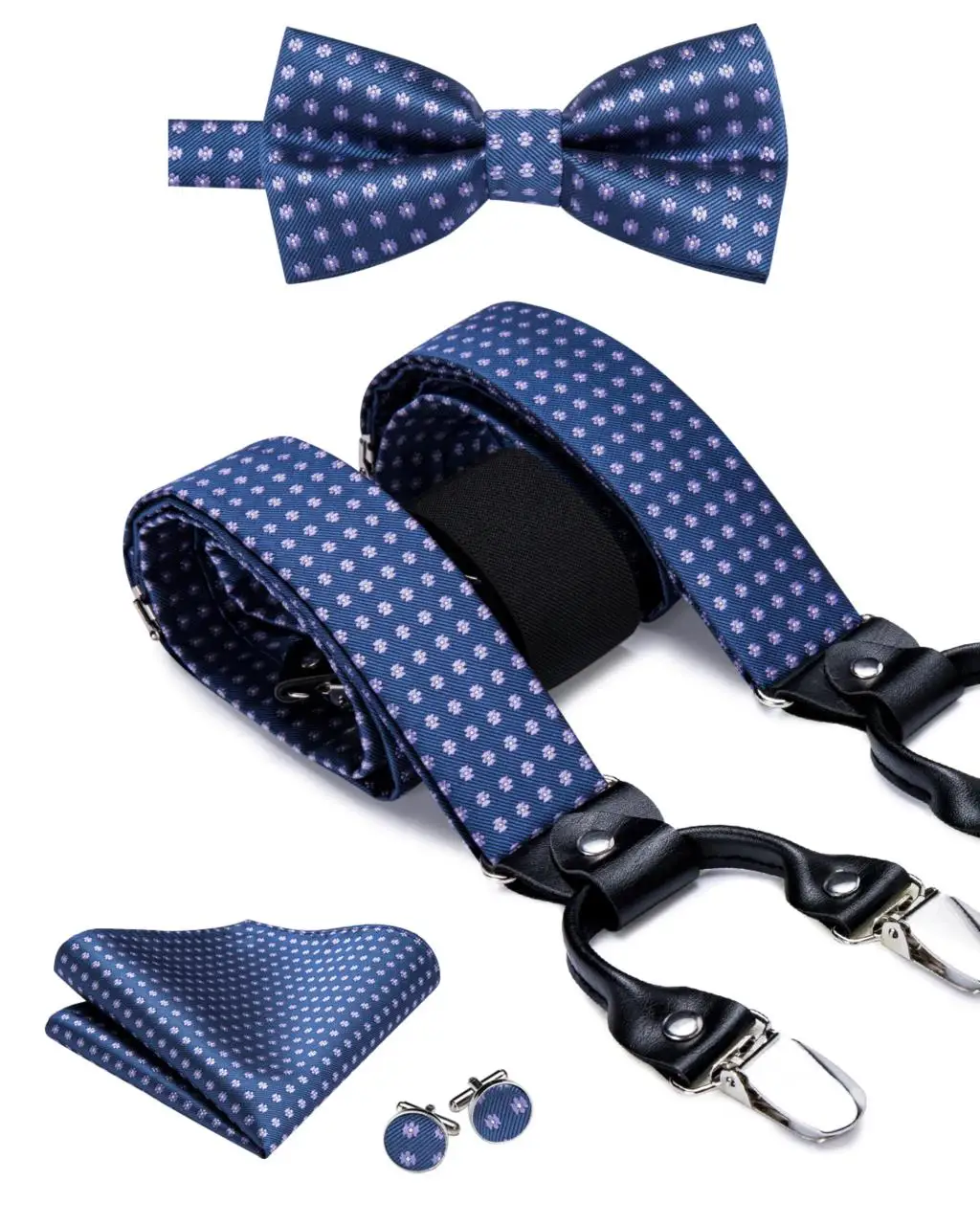Silk-Woven-Mens-Suspenders-Bow-Tie-Hanky-Cufflinks-Set-Strength-6-Clips ...