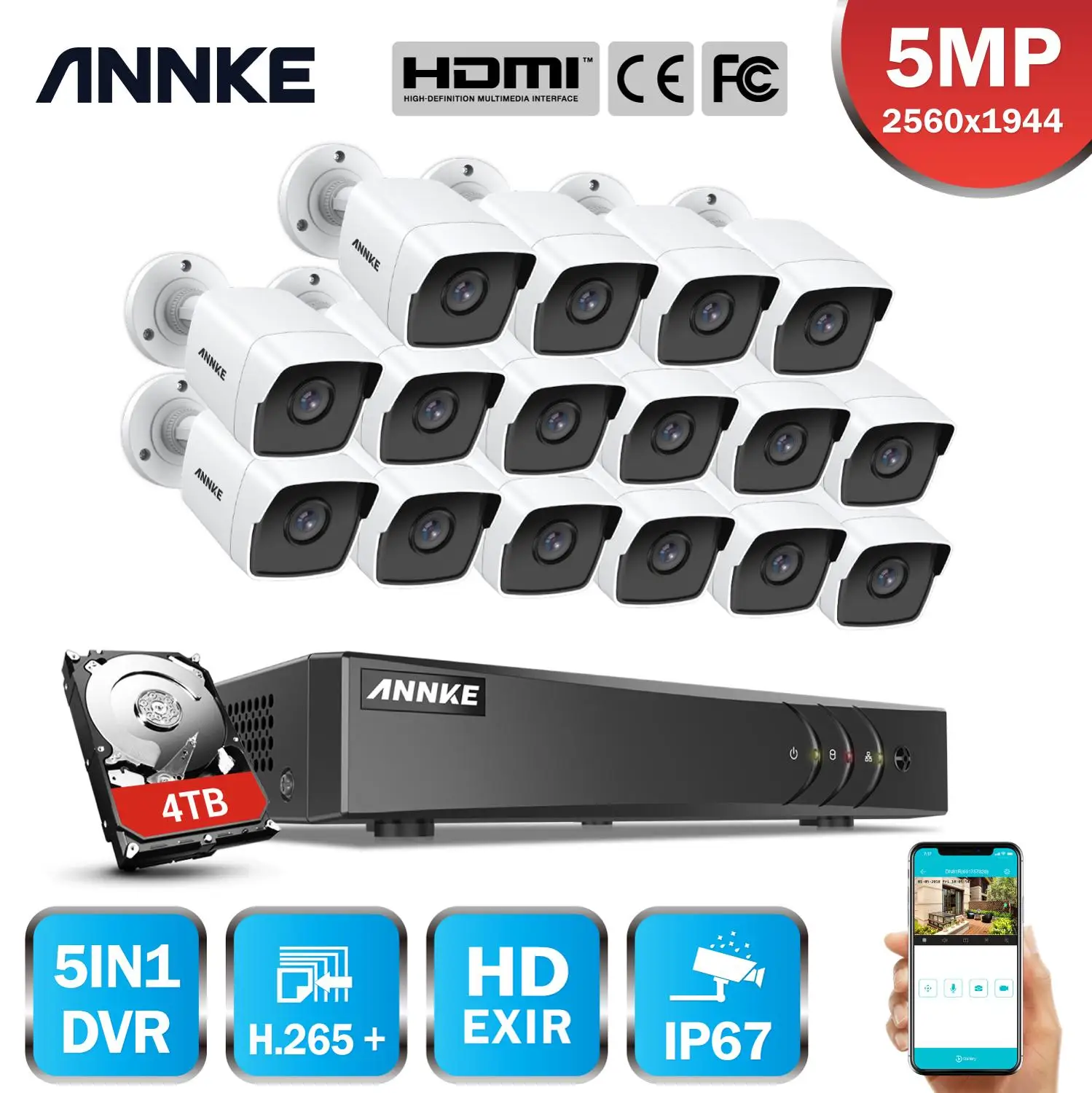 ANNKE H.265+ 5MP Ultra HD 16CH DVR CCTV Security System 16PCS Outdoor ...