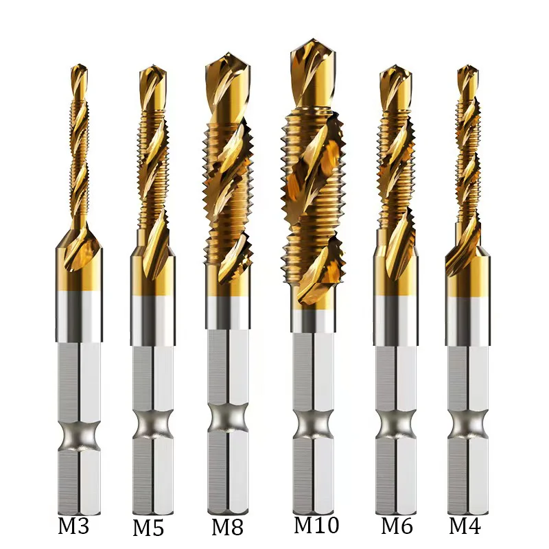 1/2/3/6pcs Titanium Plated Hex Shank Hss Screw Thread Metric Tap Drill ...