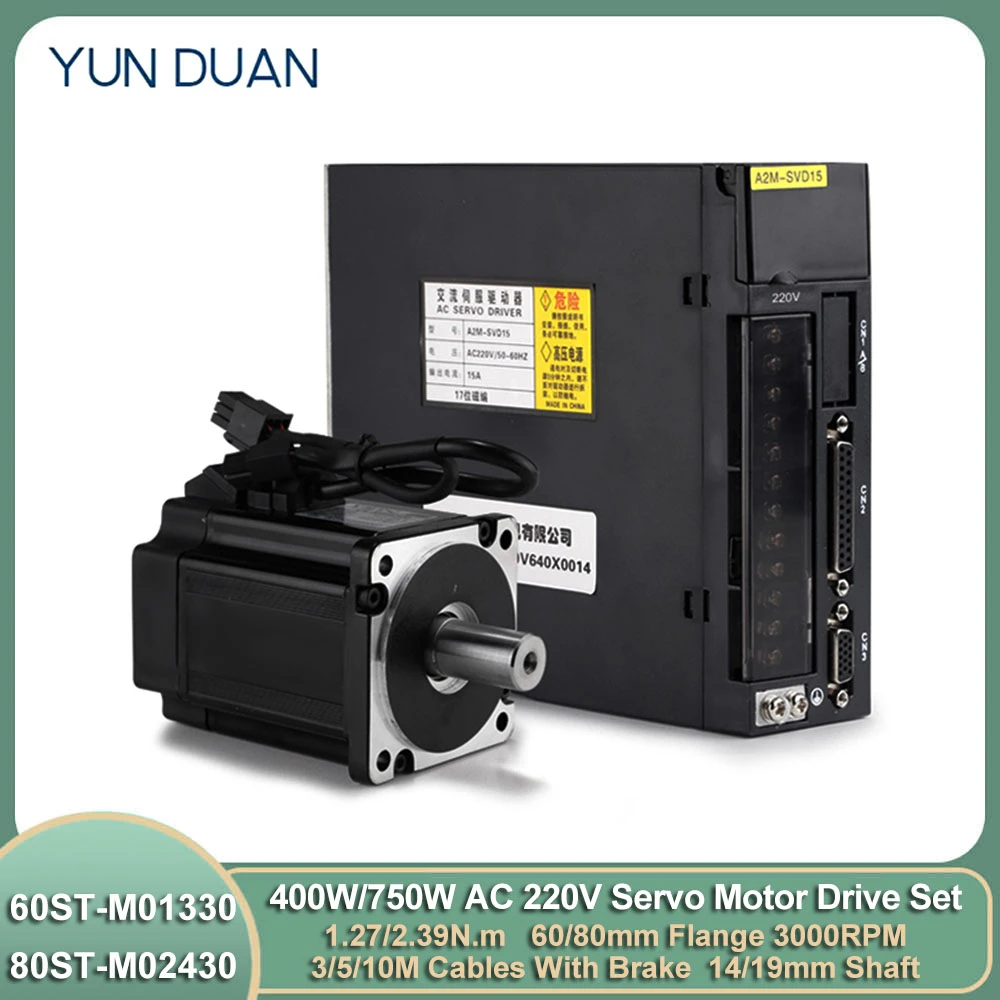 CNC 400W/750W AC 220V Servo Motor Drive Set 300RPM 1.27Nm/2.39NM 60ST-M01330/80ST-M02430 3/5/10m ...