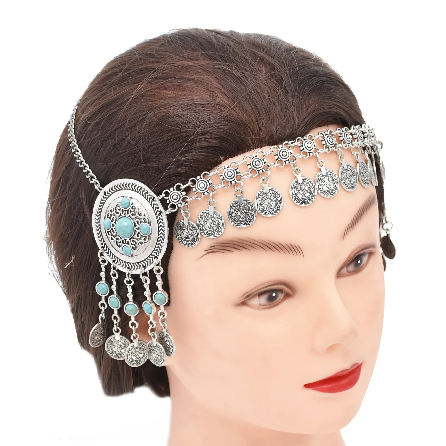 Antique Silver Gypsy Tribe Long Coin Tassel Head Chain Headdress Side ...