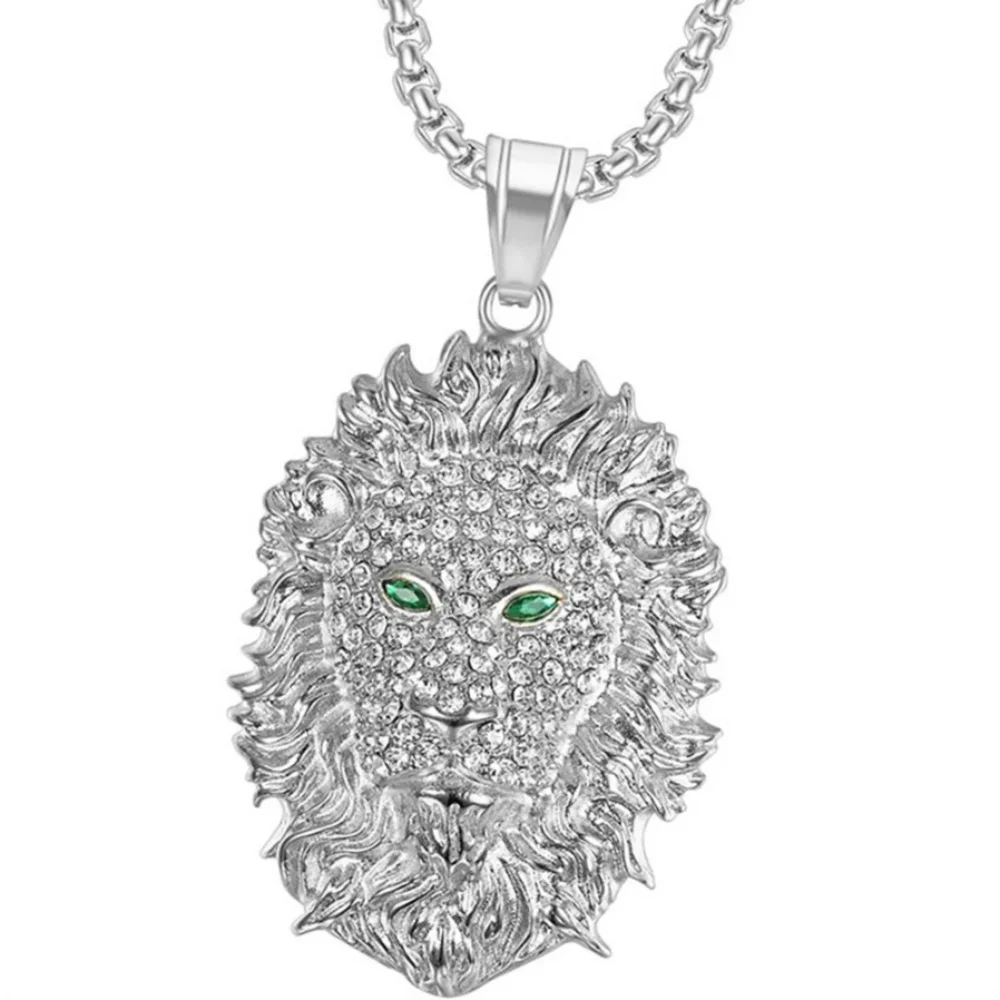 Mens Lion Head Pendant Necklace Shiny CZ Iced Out Chain For Men Silver ...