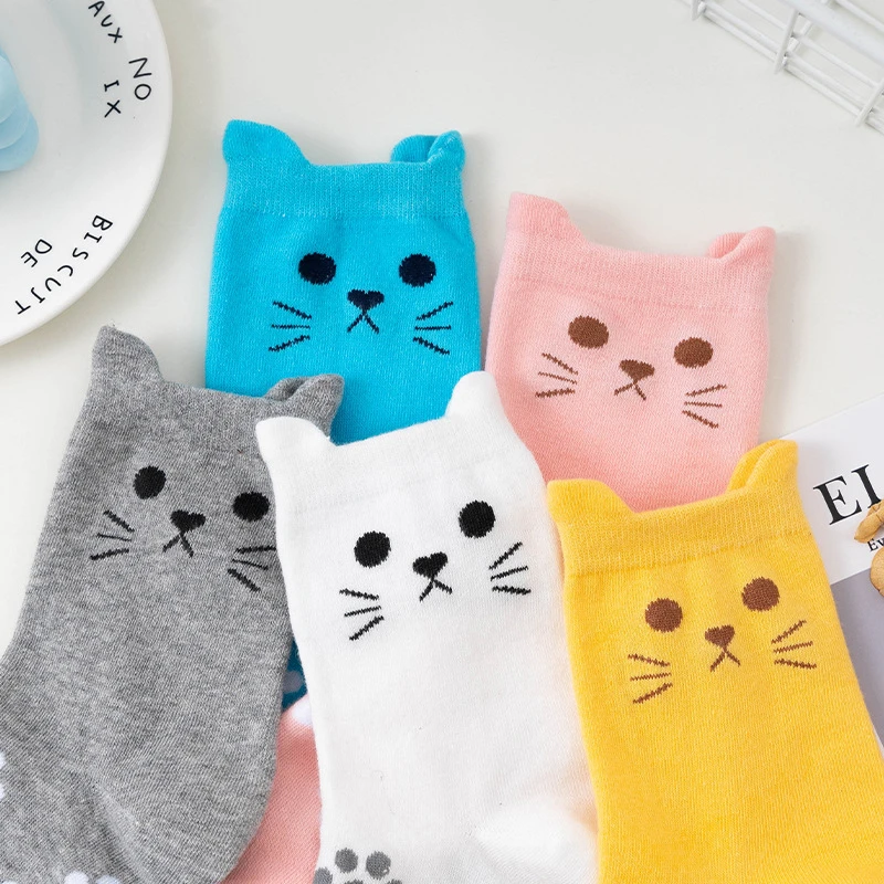 Cute-Cartoon-Cat-Women-Crew-Socks-Spring-Autumn-Kawaii-Kitty-Cat-Paw ...