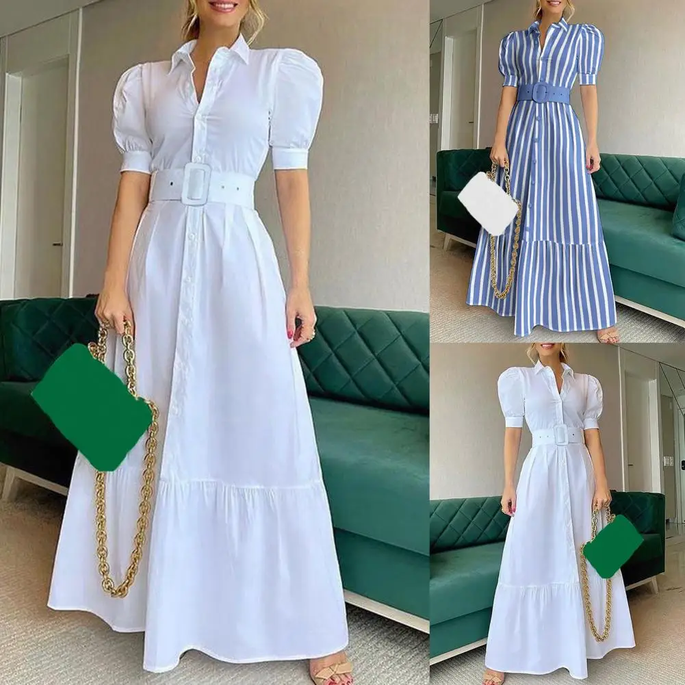 Simple-Maxi-Dress-Ladies-Long-Dress-Belt-Solid-Color-Pure-Color-High ...