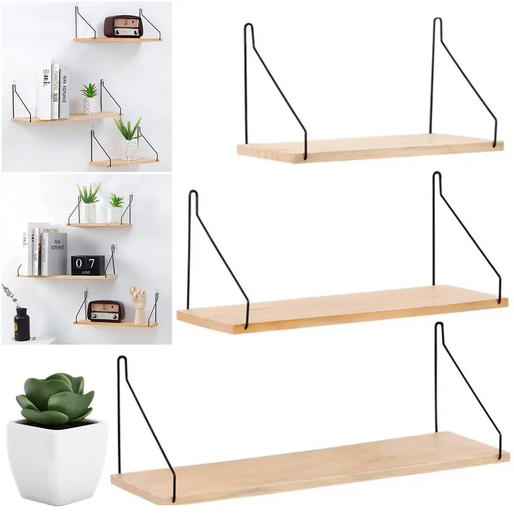 Floating-Wall-Shelf-Decorative-Wooden-Storage-Rack-with-Metal-Brackets ...