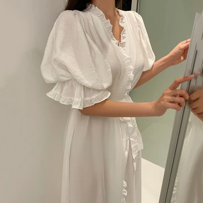 한국어 달콤한 나무 귀 궁전 스타일 퍼프 슬리브 나이트 드레스 홈웨어 여름 그물 빨간 잠옷 여성 공주 스타일 매칭 헤어