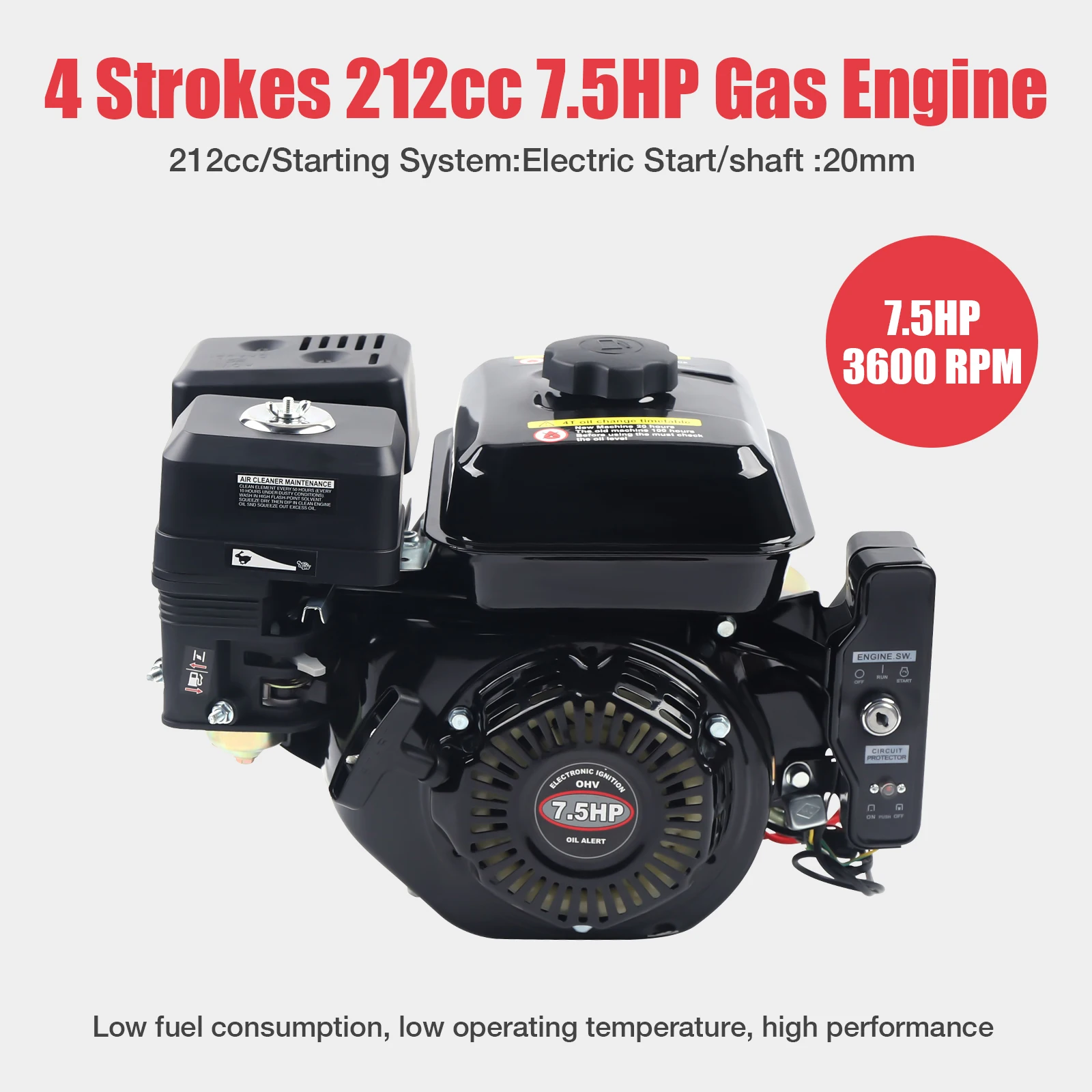 210cc 4-Stroke Gas Engine Motor Electric Start Horizontal Engine Go ...