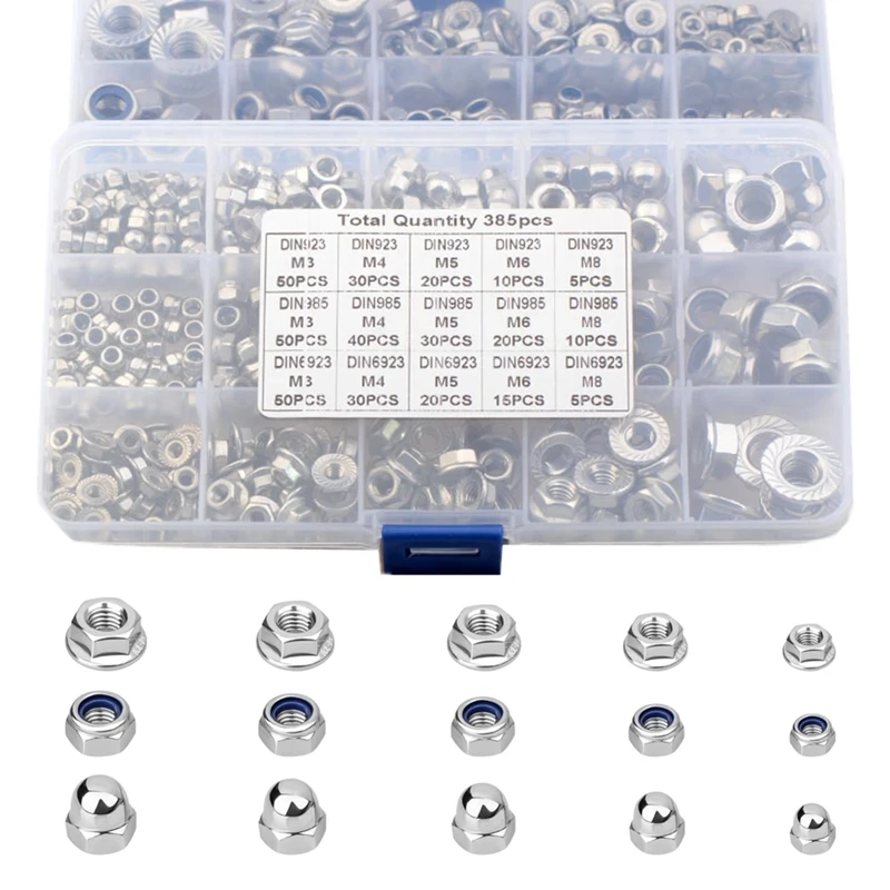385pcs Hexagon Flange Nut Assortment Kit M3 M4 M5 M6 M8 Acorn Cap Nut ...