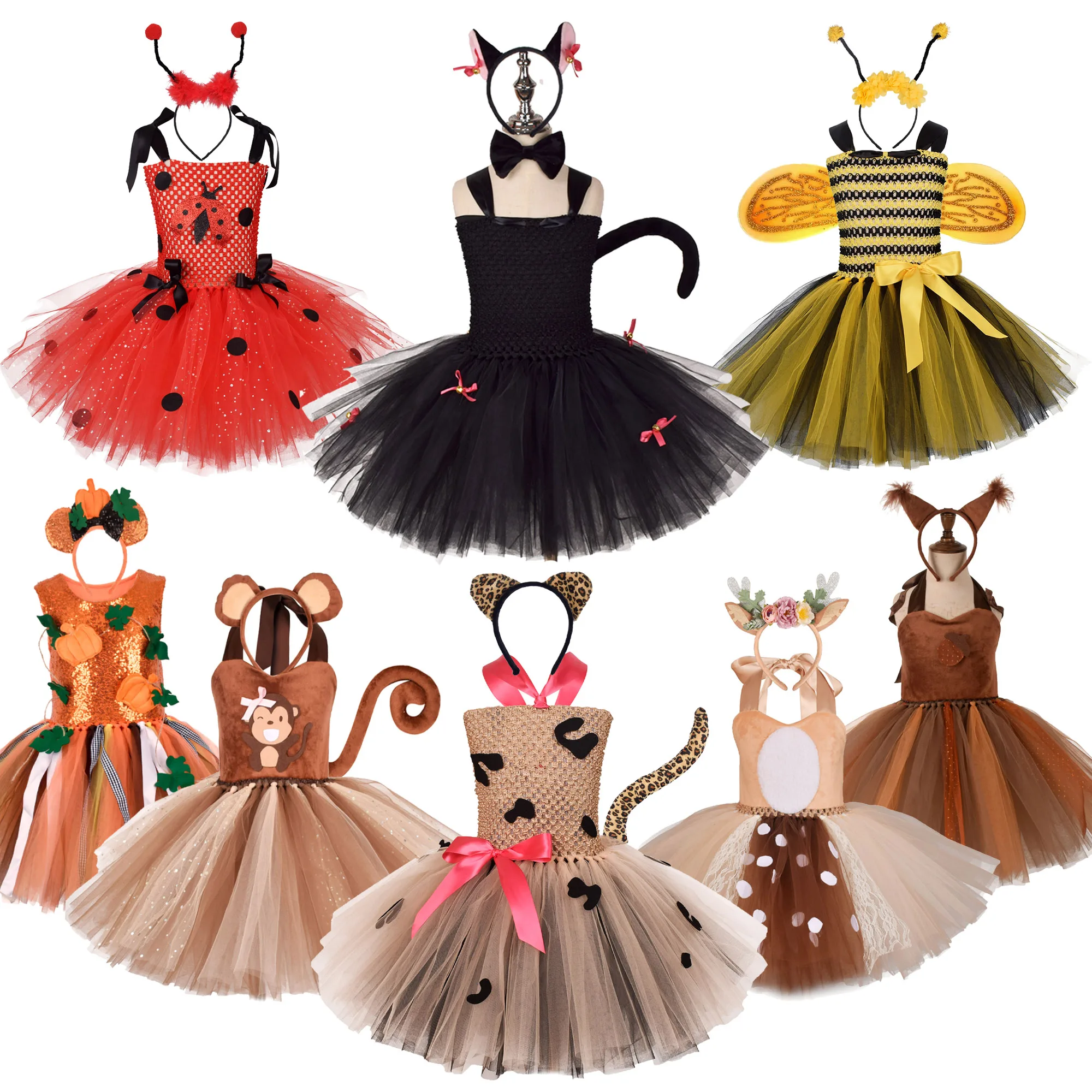 Cute-Girls-Halloween-Animal-Cosplay-Costumes-Children-Monkey-Bee-Cat ...