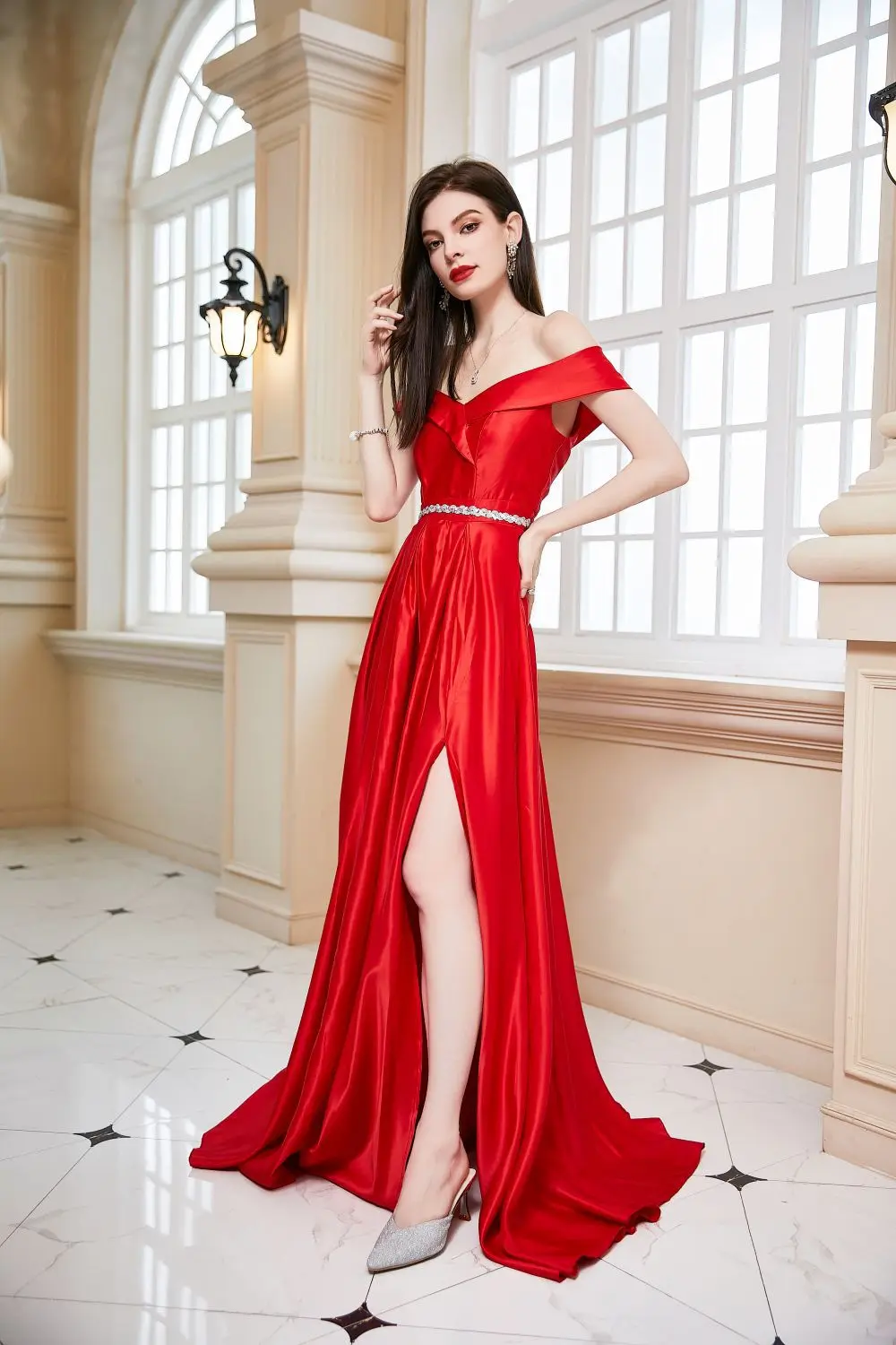 Women's Fashion Off Shoulder A-Line Prom Sexy Backless High Slit Satin Wedding Guest Dress