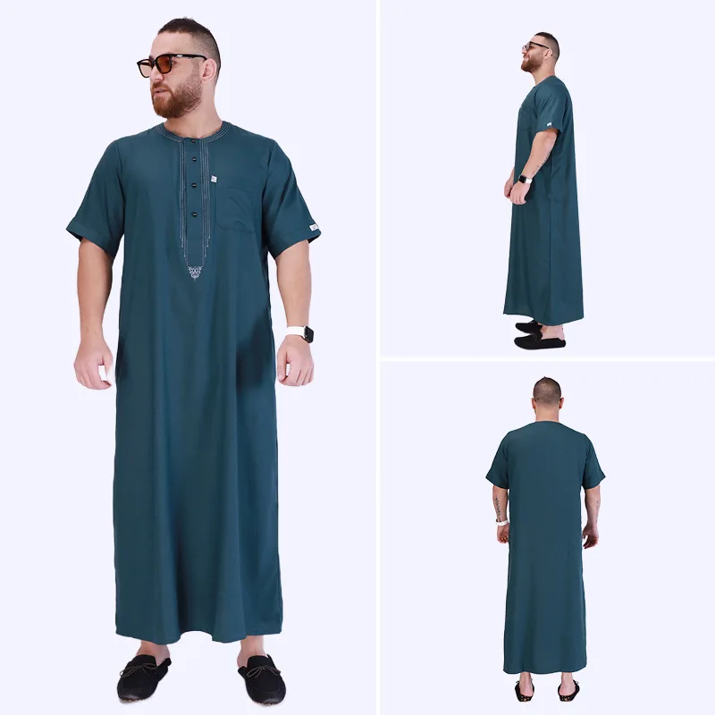 Muslim Robes Men Jubba Thobe Short Sleeve Embroidery Islamic ...