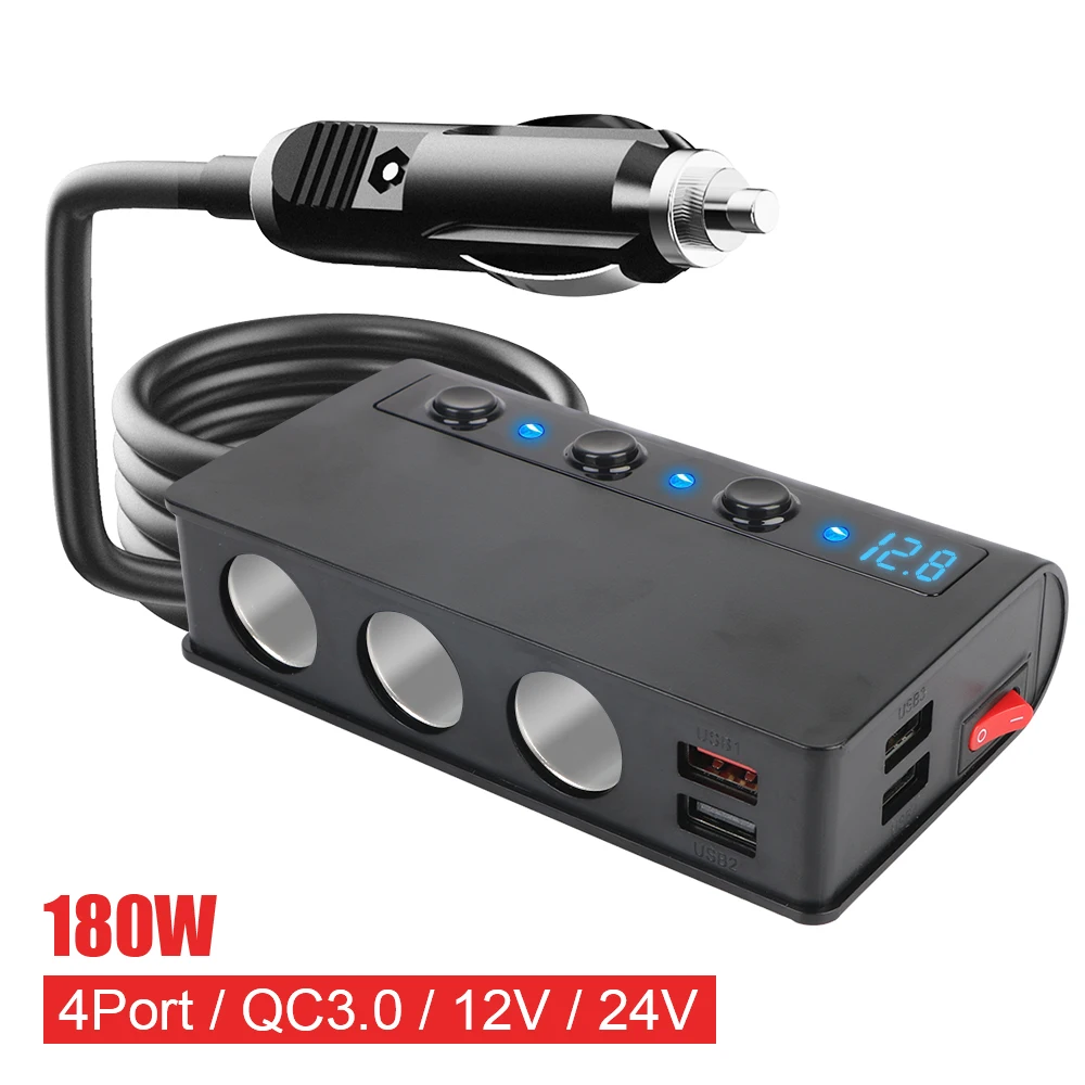 180W 24V 12V Car Splitter Power Adapter Cigarette Lighter Ports USB ...