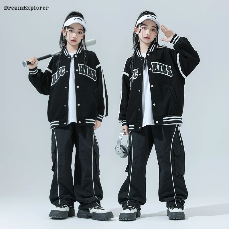 Girls Hip Hop Baseball Bomber Jacket Cargo Pants Boys Street Dance Coat ...