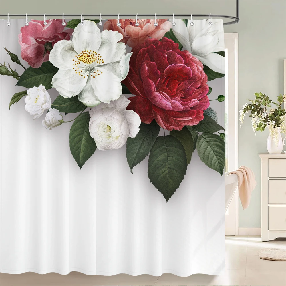 1Pcs elegant rose flower printed fabric waterproof shower curtain ...