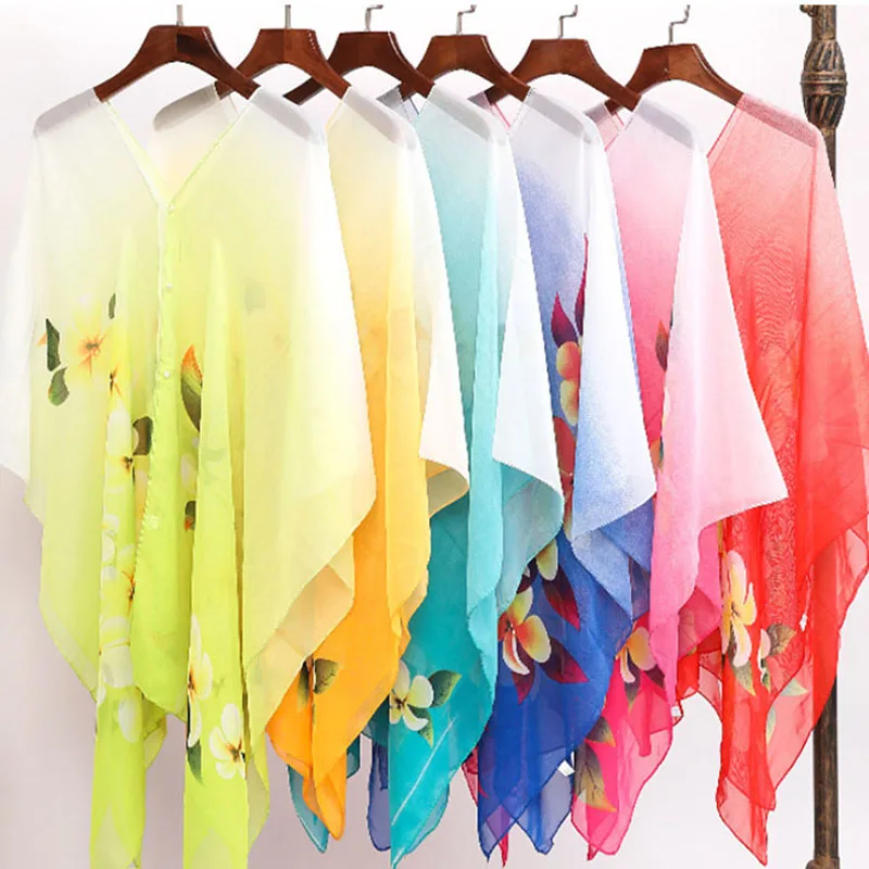 Fashion Floral Print Chiffon Blouse Pearl Buckle Beach Bikini Sun ...