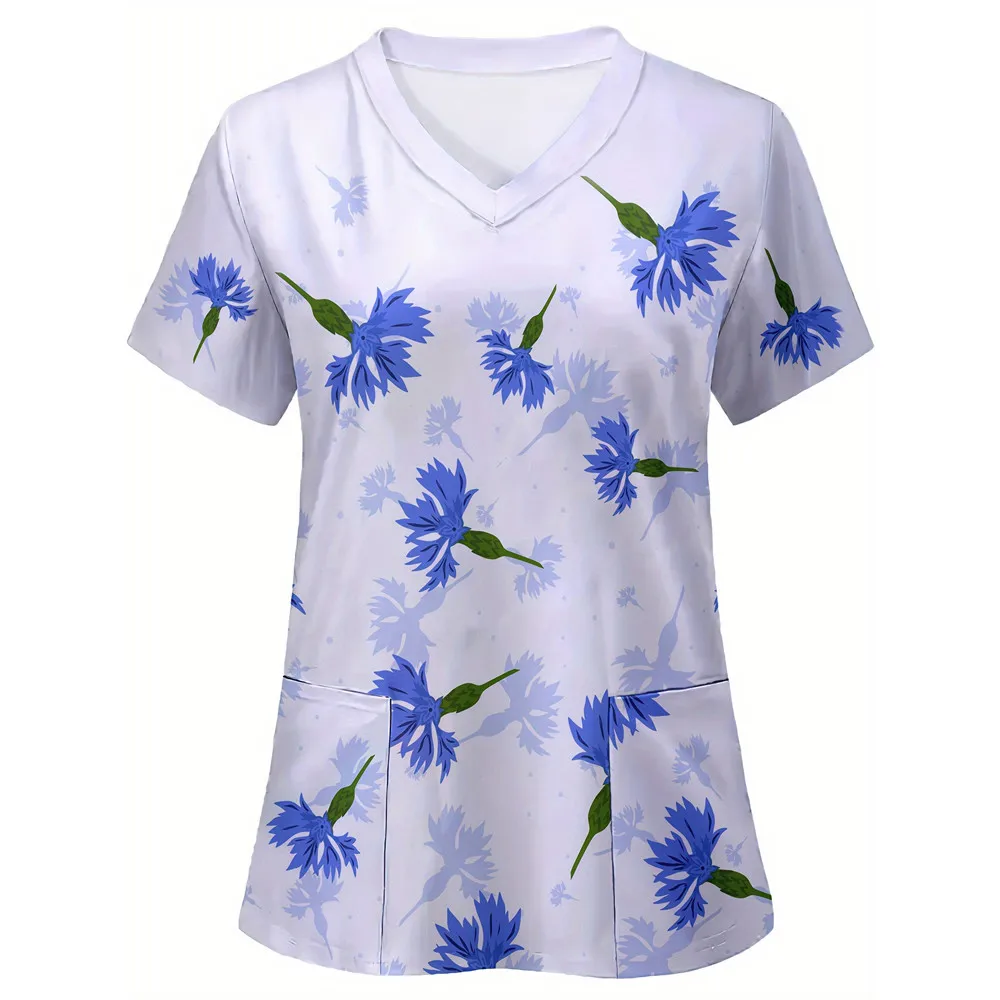 Women-s-Nurse-Uniform-Floral-3d-Print-Tops-V-Neck-Pocket-Medical ...