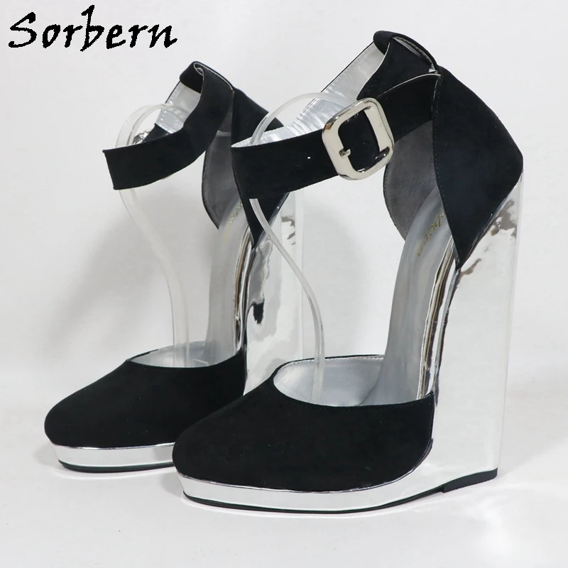 Sorbern Unique Silver Metallic Women Shoes Wedge High Heels Ankle Strap ...
