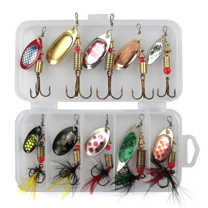 10PCS 1BOX Rotating Metal Fishing Lures 3G-7G Feather Treble Hook ...
