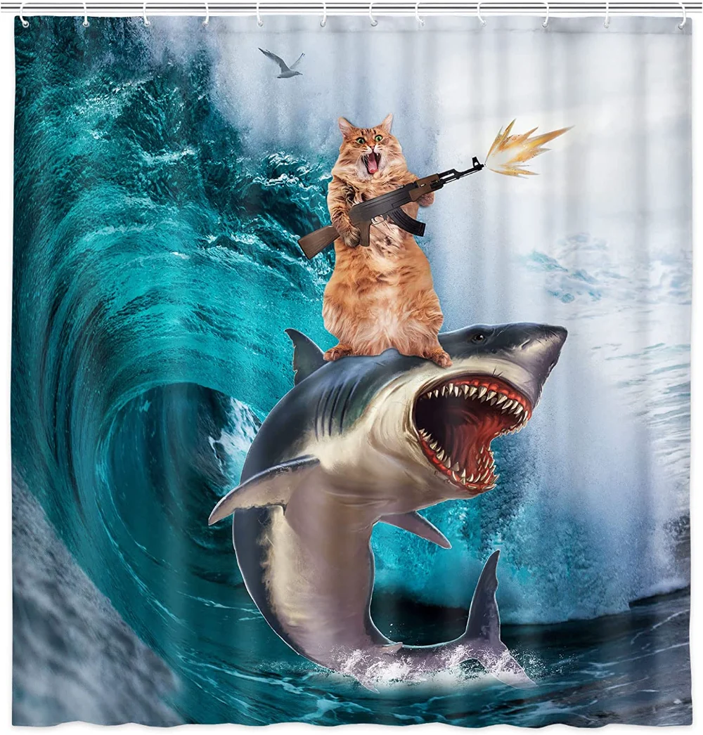 Funny-Cat-Shower-Curtain-Cool-Cat-Riding-Shark-Seagull-On-Ocean-Sea ...