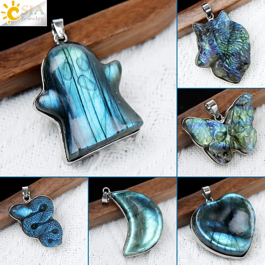 Labradorite Moon Pendant for Necklace Natural Stone Wolf Butterfly ...