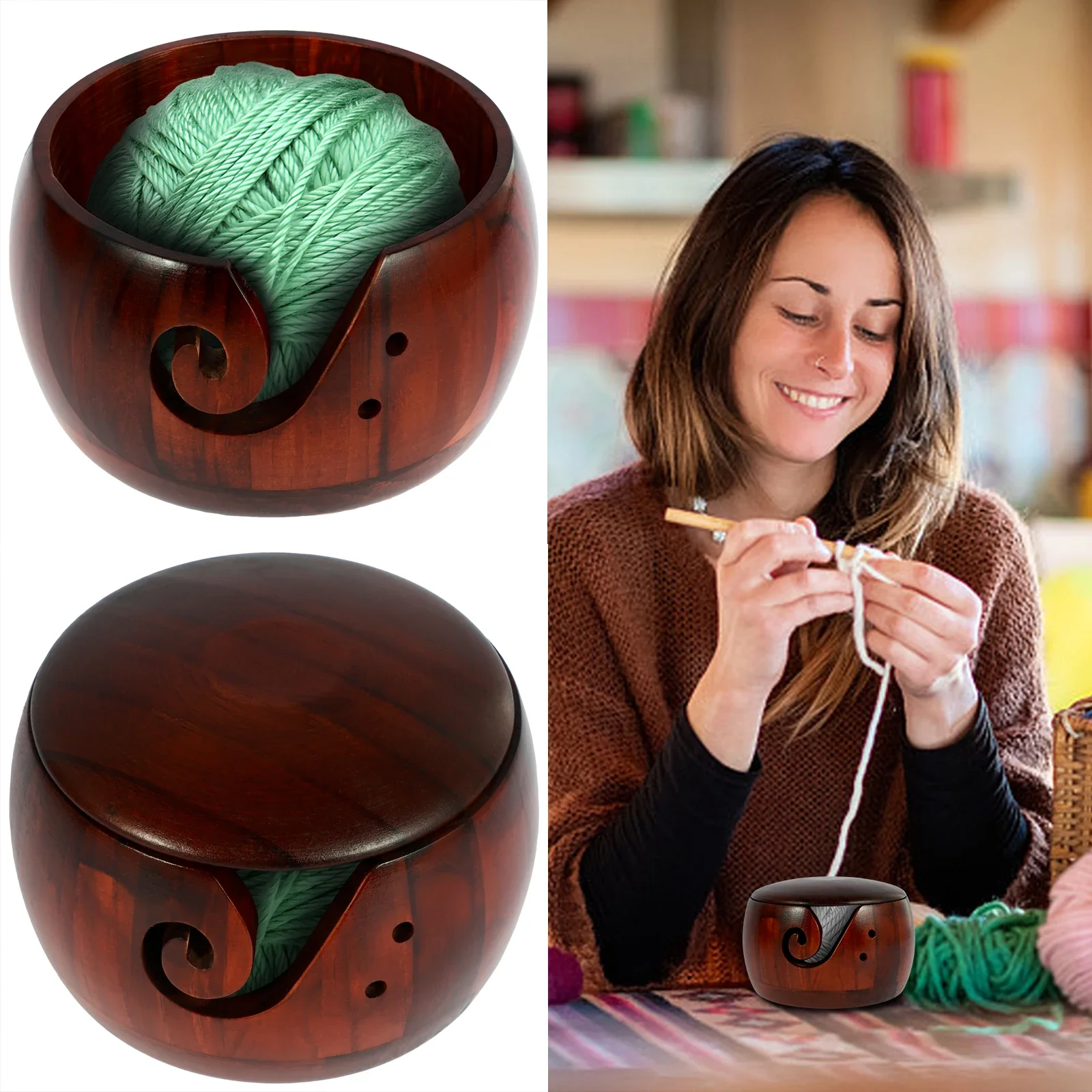 Wooden-Yarn-Bowl-Round-Crochet-Bowl-Holder-with-Holes-Pine-Knitting ...