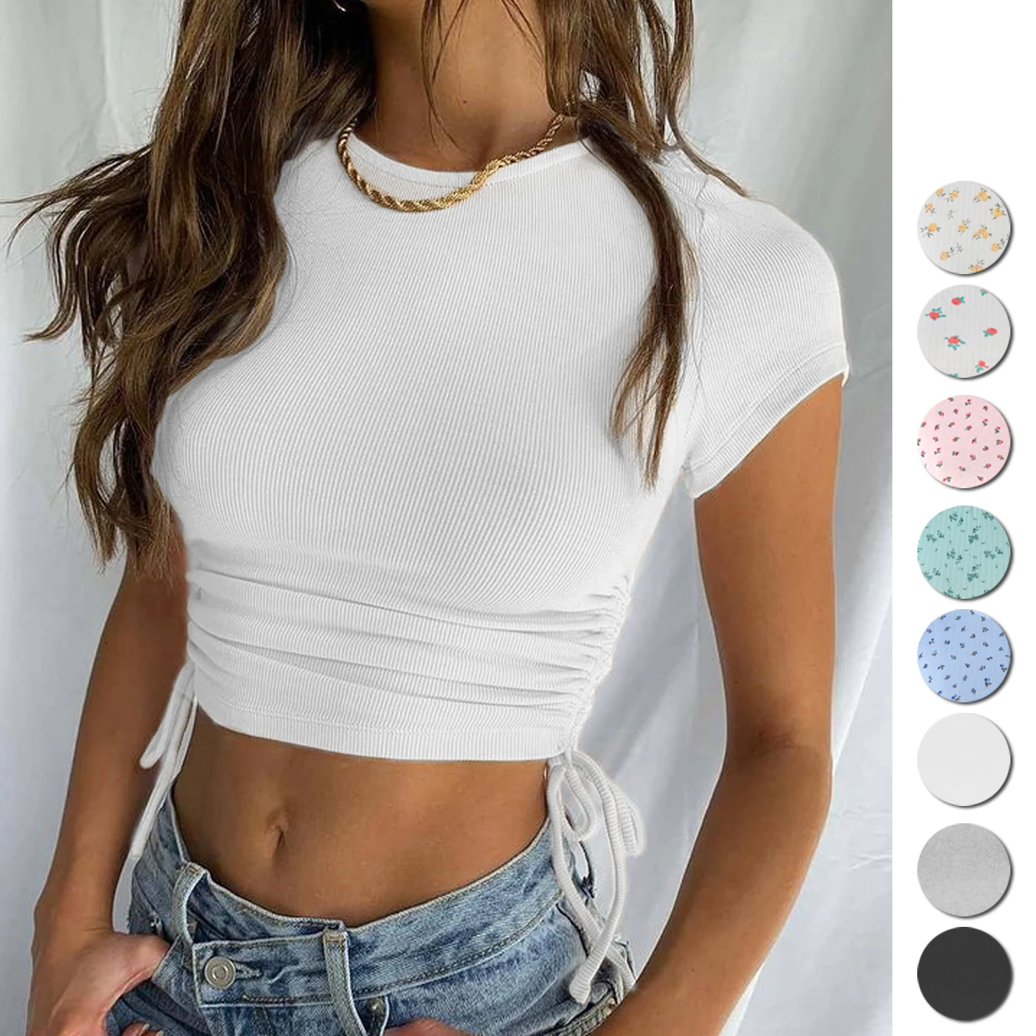 Cropped Print T Shirt Drawstring Bare Navel Short Sleeve Crew Neck ...