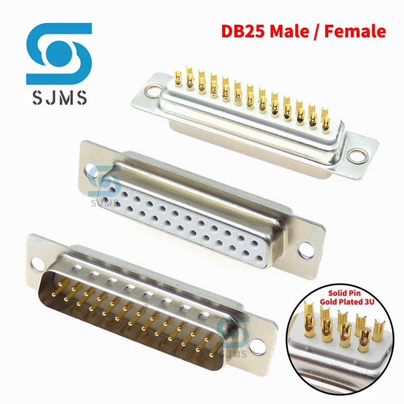 2PCS Gold Plated Solid Pin DB25 D-Sub COM Connectors Plug jack socket adapter 25 Pin Male Female ...