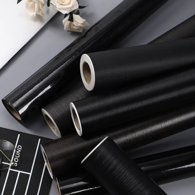 Pure-Black-Self-Adhesive-Vinyl-Wallpaper-Kitchen-Cabinet-Storage ...