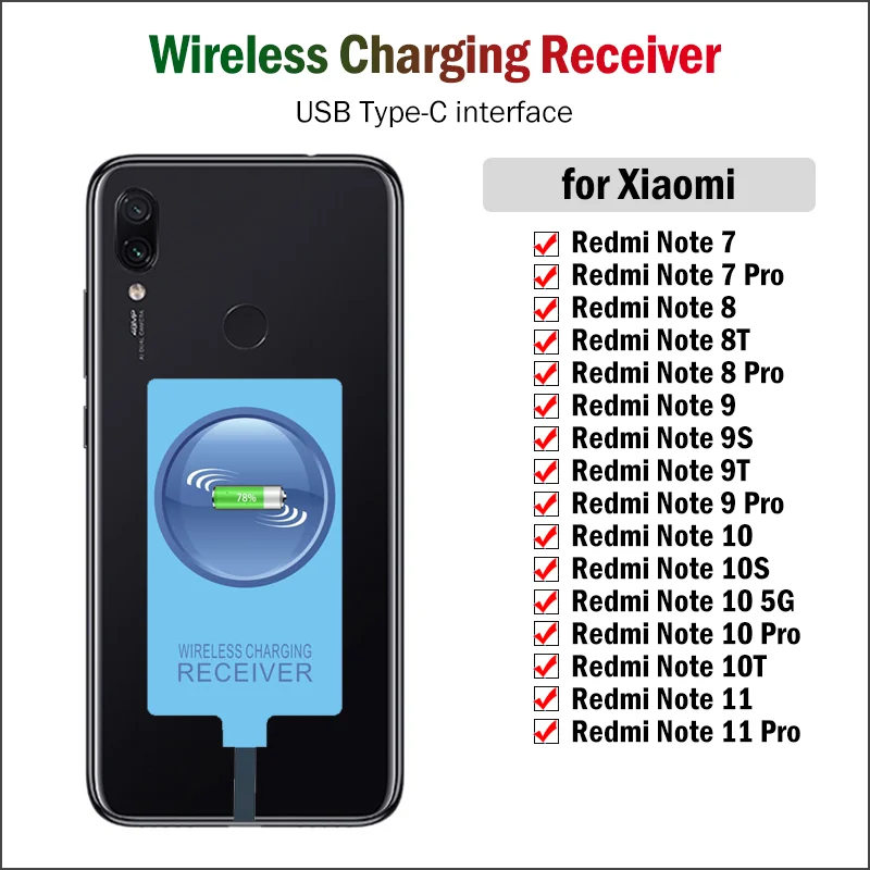 Qi Wireless Charging Receiver for Xiaomi Redmi Note 9S 10S 7 8 9 10 11 ...