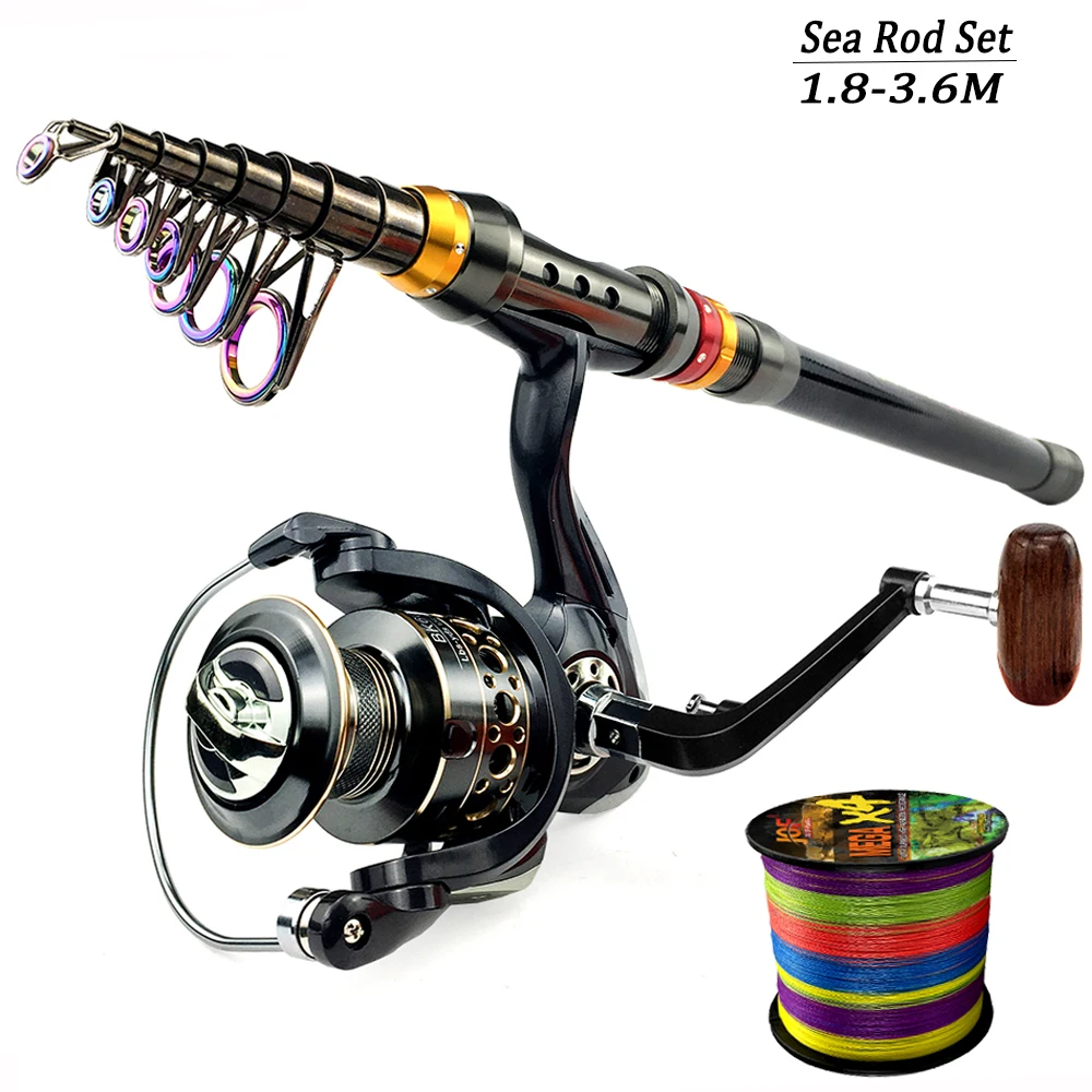 1.8-3.6m Spinning Fishing Rod Reel Combo Travel Carbon Sea Pole 5.2:1 ...