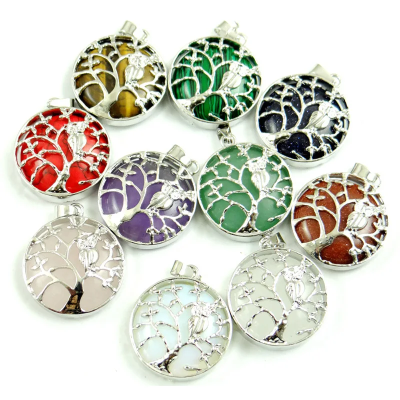 Natural Stone Crystal Agate Owl Life Tree Pendant Necklace Jewelry ...