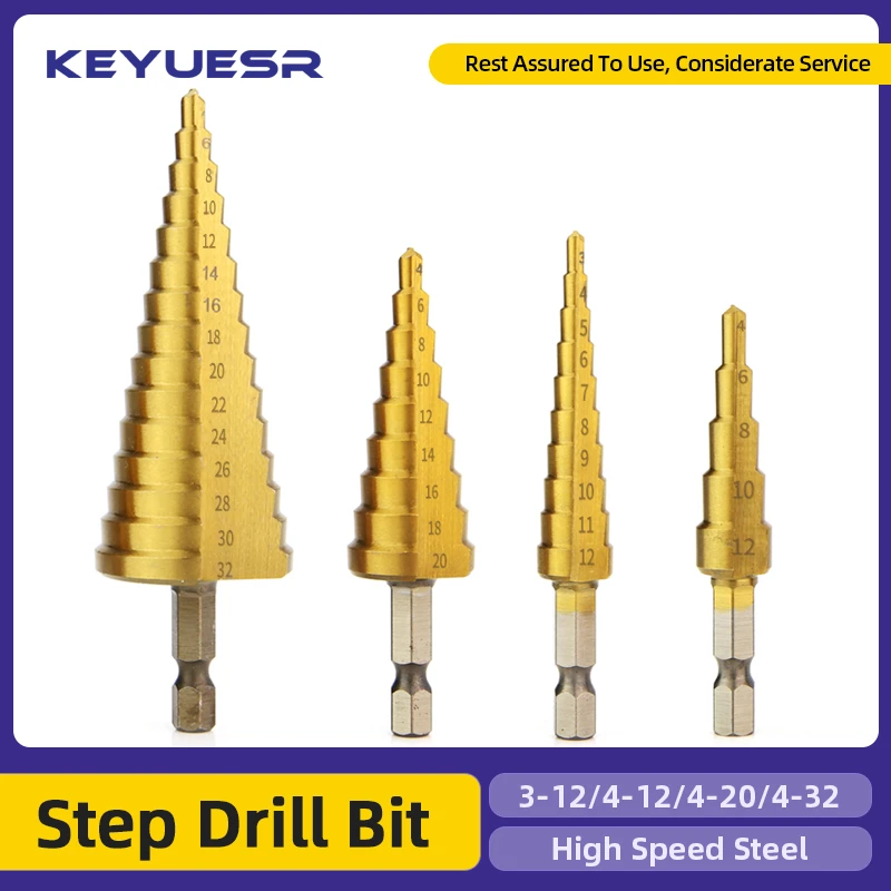 3-12 4-12 4-20 4-32mm Hss Titanium Step Drill Bit Conical Stage Drill For Metal Wood High Speed ...
