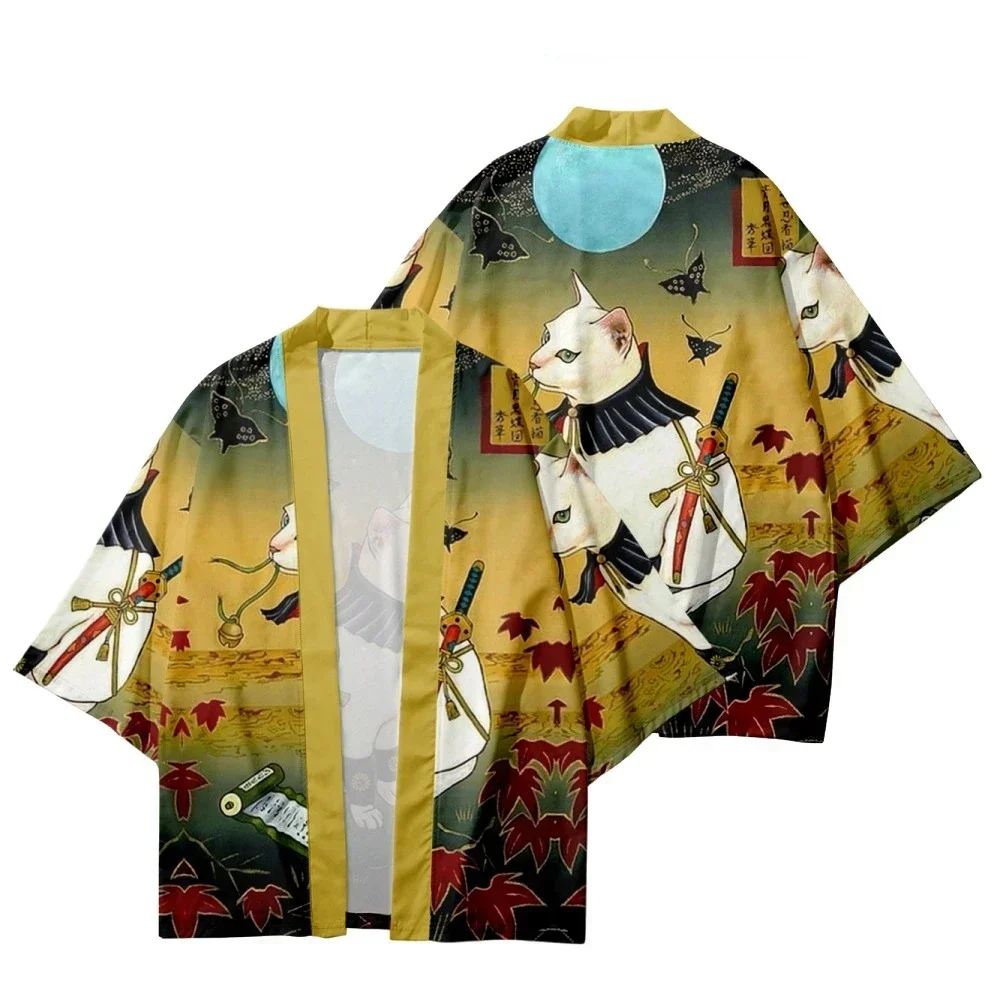 Demon Samurai Cat Printed Cardigan Kimono Women & Men Japan Traditional ...