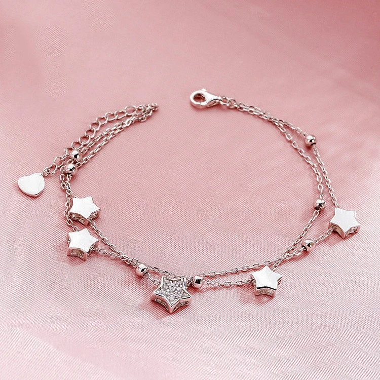925 Sterling Silver Double Layered Star Bead Bracelets for Women Luxury ...