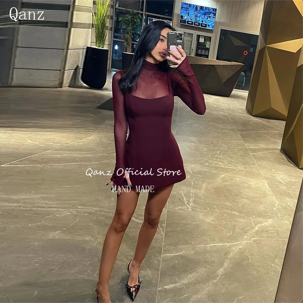 Qanz Sexy Mini Prom Dresses Sheer Long Sleeves High Neck Burgundy Short ...