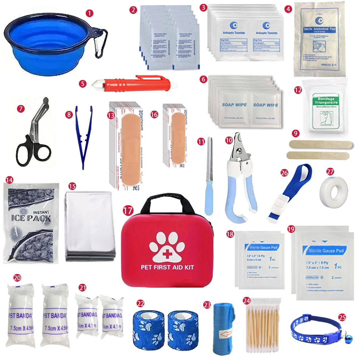 A comprehensive pet first aid kit with scissors, tweezers, tourniquets ...