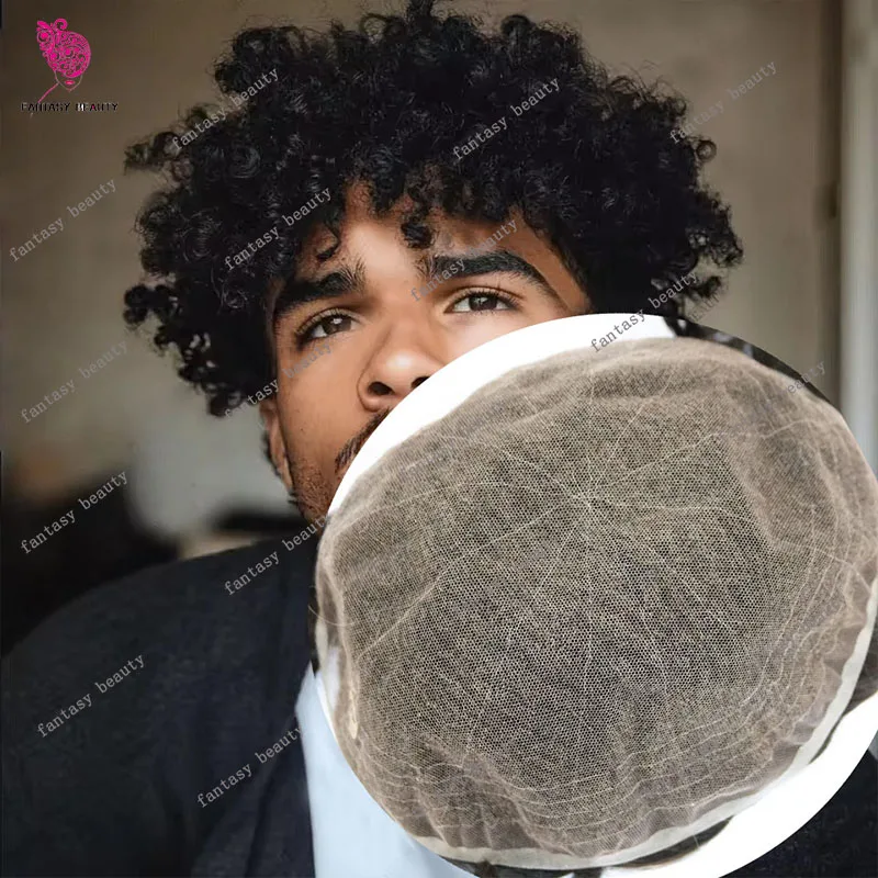 8mm 10mm Curly Afro Men Full Swiss Lace 100% Human Hair Toupee Bleach ...