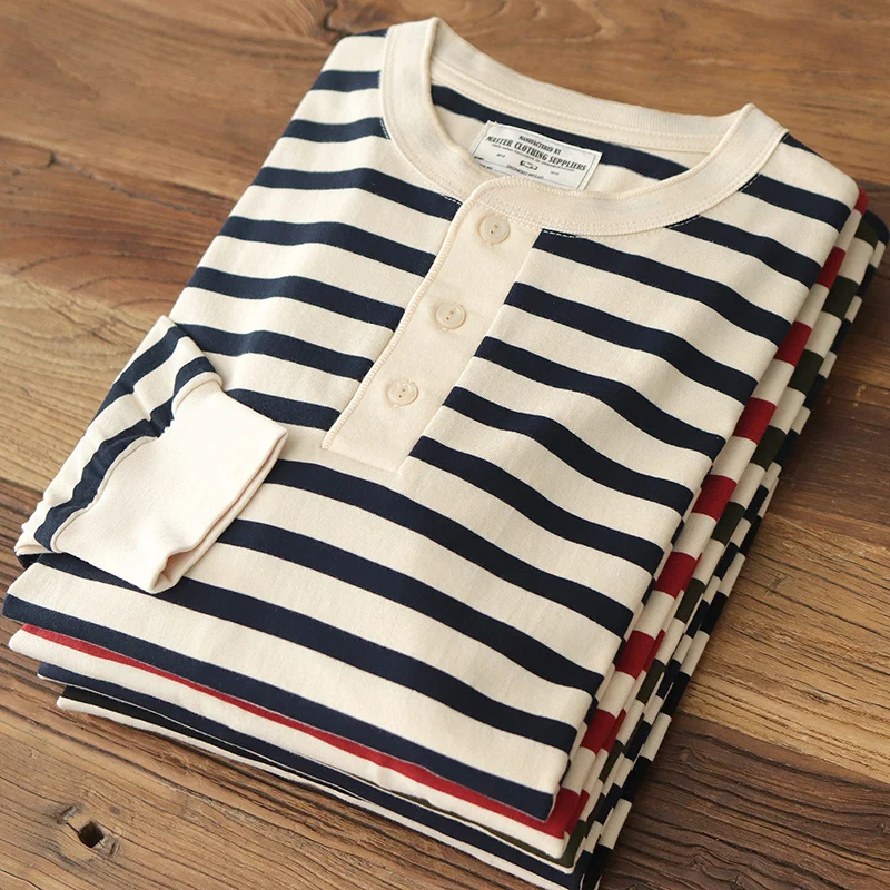 Autumn-American-Retro-250g-Heavyweight-Henry-Collar-Striped-T-shirt-Men ...