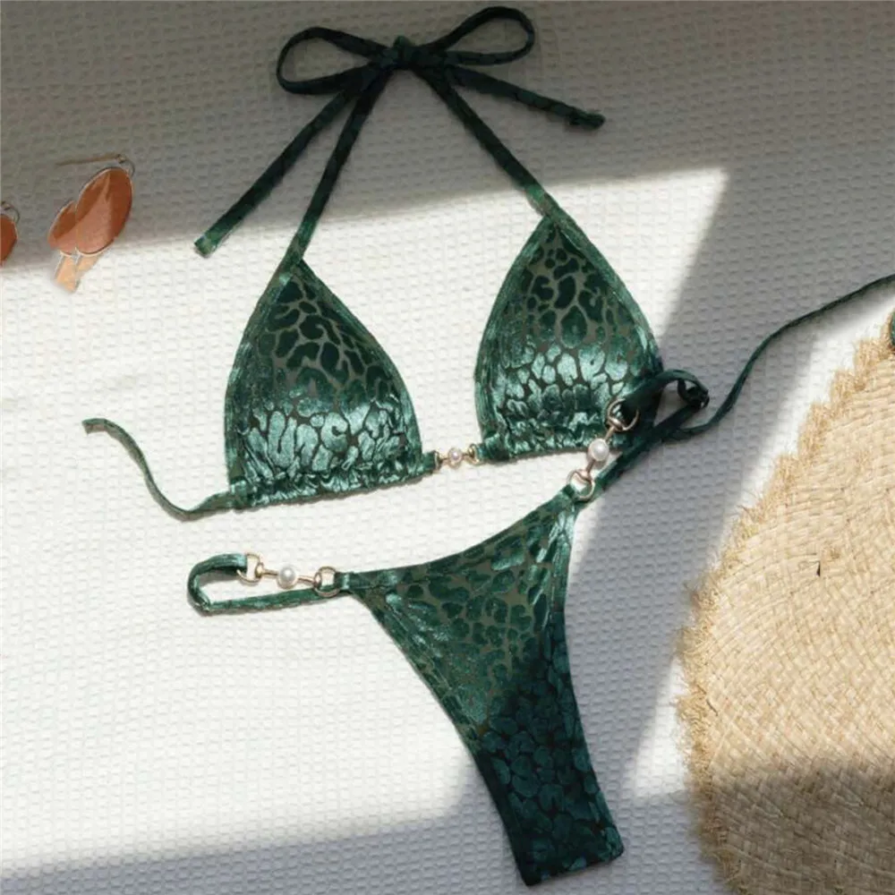 Microbikini-triangular-de-terciopelo-con-estampado-de-leopardo-para ...