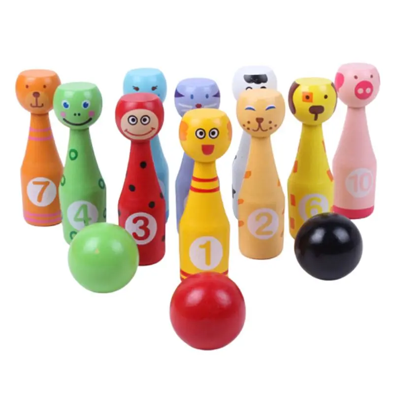 13pcs-set-Wooden-Bowling-Set-10-Pins-3-Ball-Animal-Bowling-Game-for ...