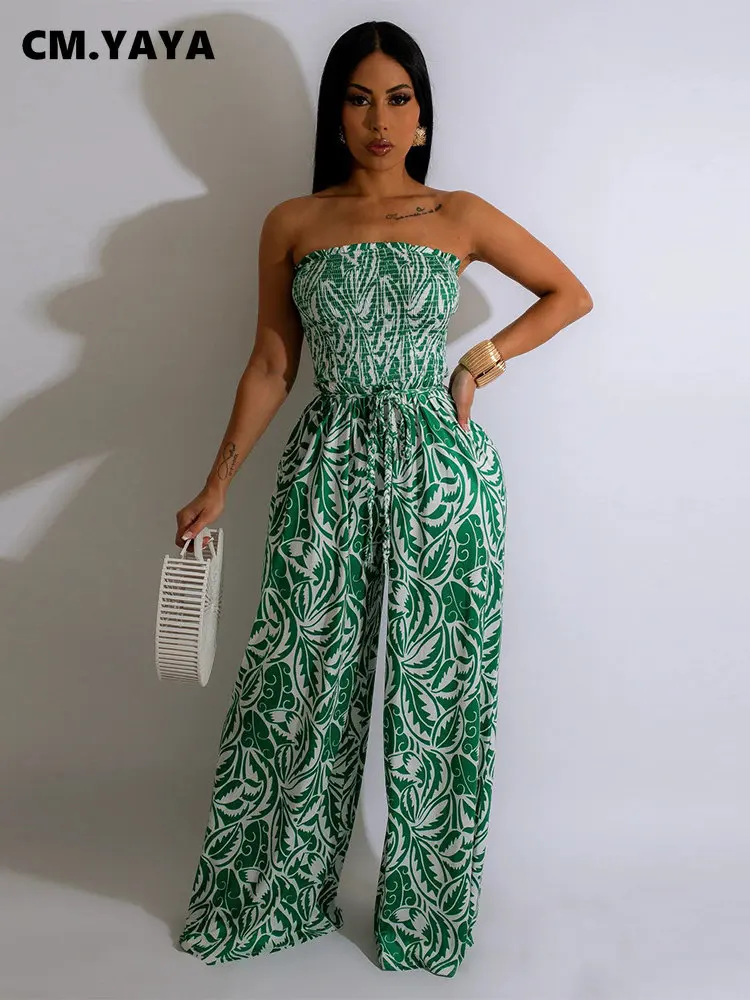CM-YAYA-Women-Leaf-Printed-Strapless-Elastic-Sleeveless-Straight-Wide-Leg-Jumpsuit-2023-INS-Sexy ...