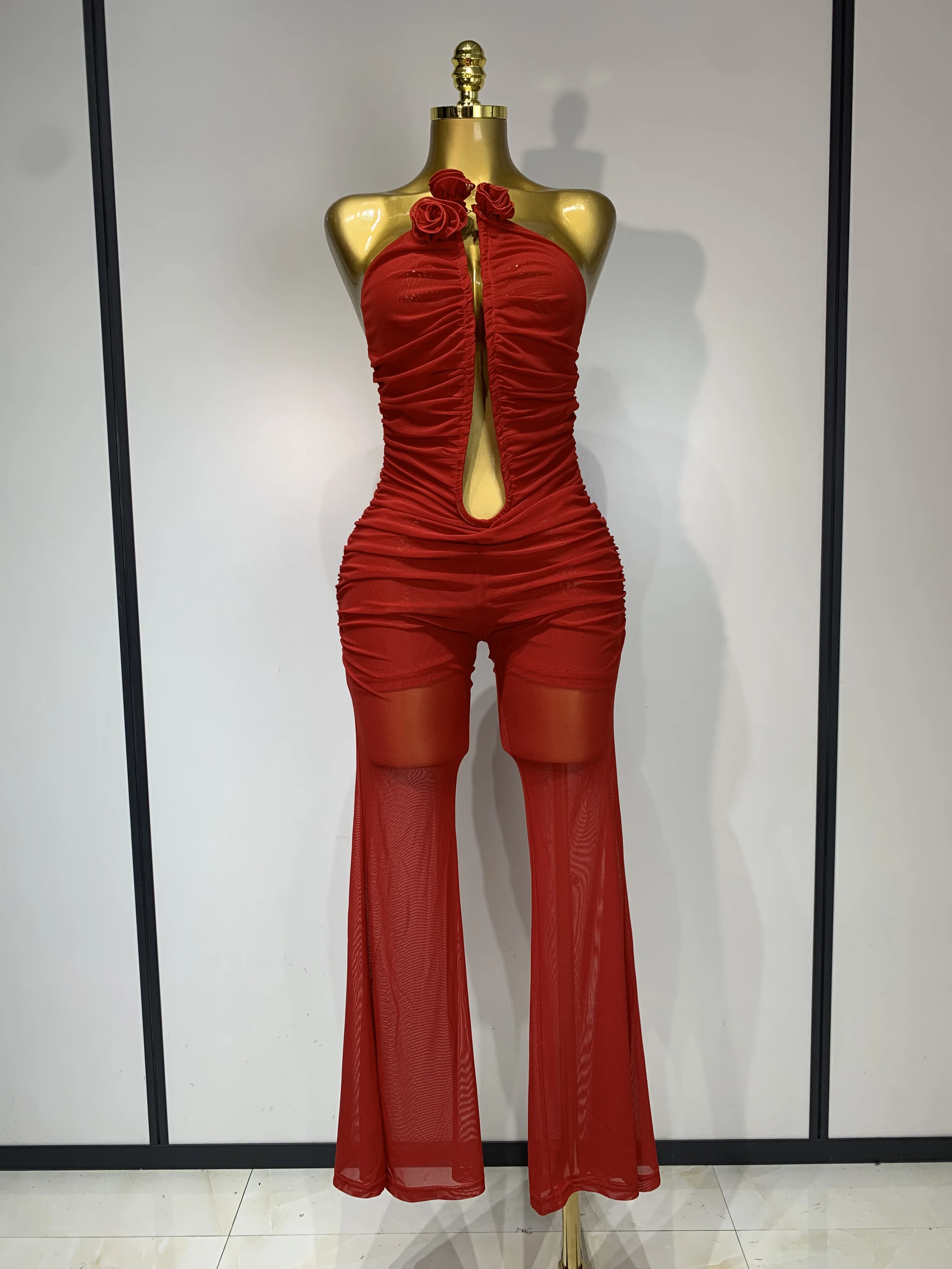 Women Sexy Backless Mesh Ruched Strapless Red Bodycon Jumpsuit ...