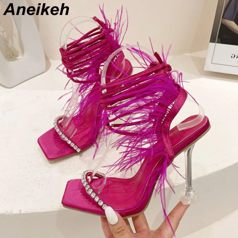 Aneikeh 2023 Sexy Rhinestone Feather Women Sandals Lace Up Summer Shoes