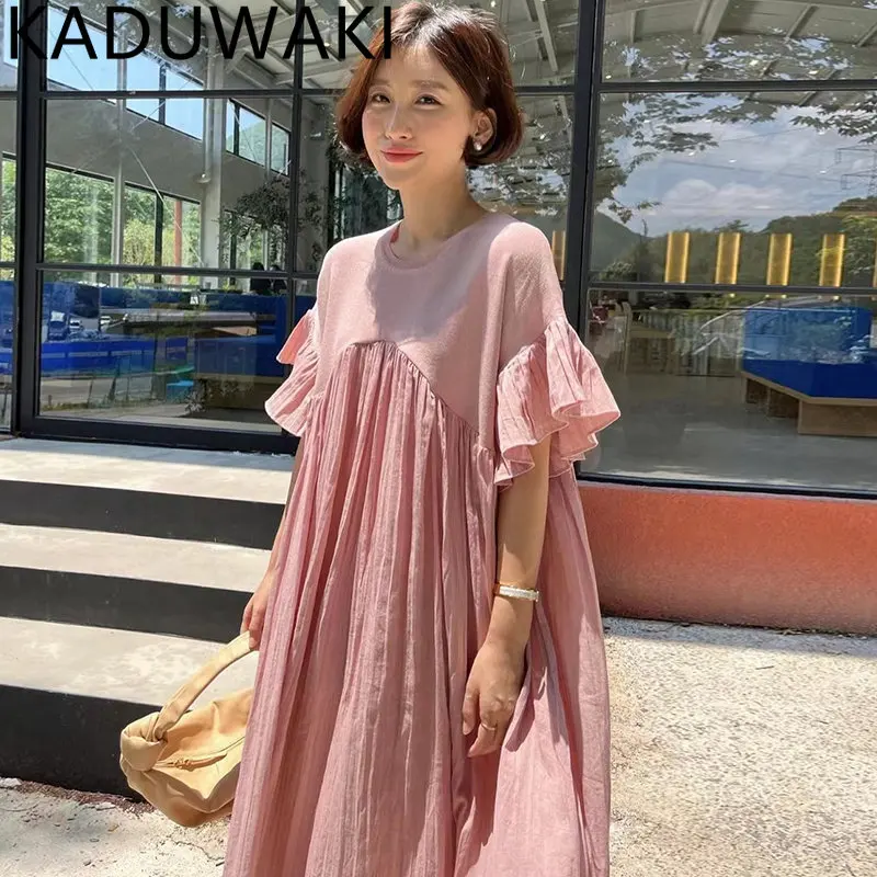 Vestido plisado de retazos con cuello redondo para Mujer, ropa informal, holgada, con mangas ...