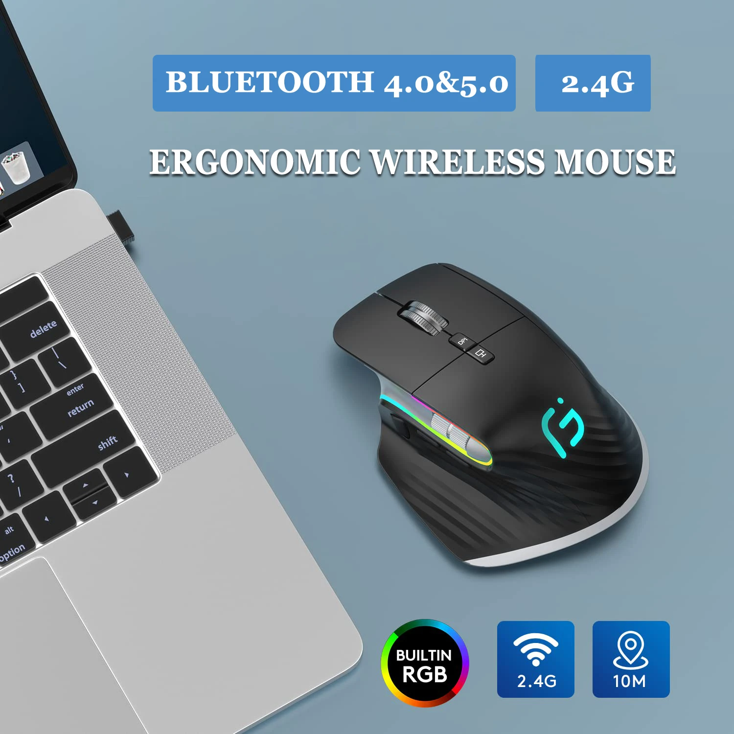 Ergonômico sem fio bluetooth mouse rgb side scroller para portátil ...